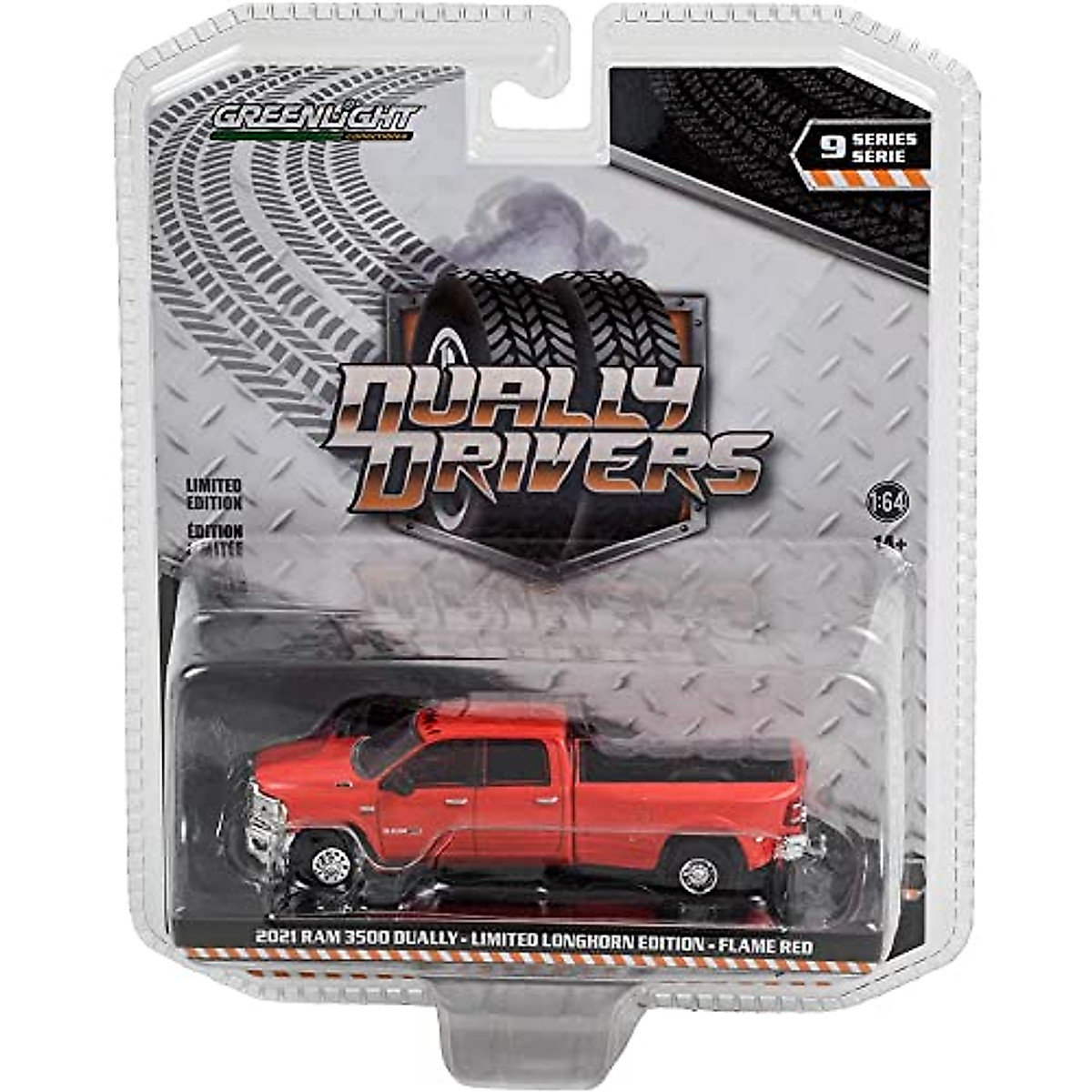 Greenlight 46090-E Dually Drivers Series 9 - 2021 Ram 3500 Dually - Limited Longhorn Edition - Flame Red Clear-Coat 1:64 Scale