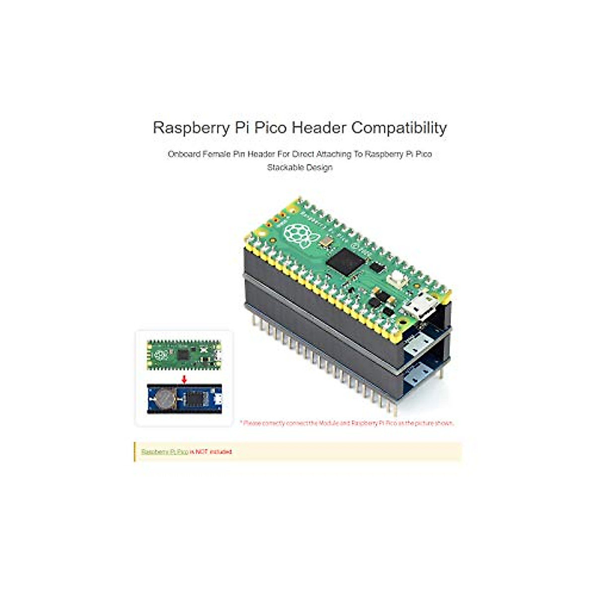 Precision RTC Module for Raspberry Pi Pico Mini Board, Incorporates High Precision Real-Time Clock Chip DS3231, Uses I2C Bus for Communication, with Female Pin Header Stackable Design