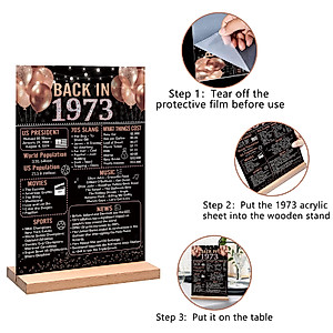 Trgowaul 50th Birthday Decorations Set: Includes Rose Gold Birthday Backdrop Banner 5.9 X 3.6 Fts, Rose Gold Back in 1973 Birthday Poster Acrylic Table Sign with Stand