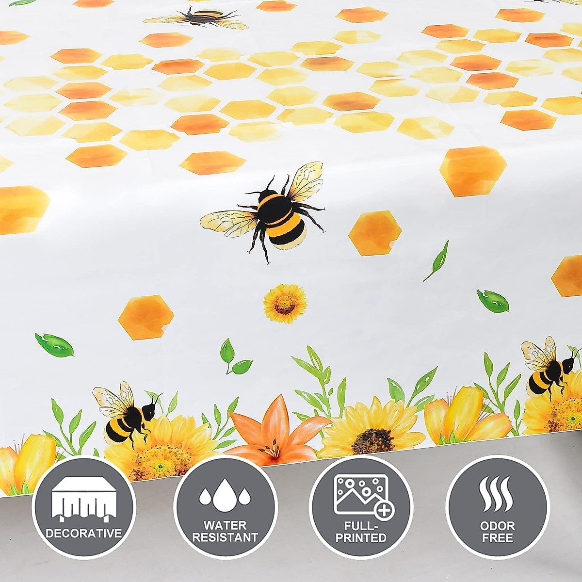 WERNNSAI Bee Party Tablecloth - 2 Pack 108'' X 54'' Bee Birthday Party Supplies for Kids Girls B-Day Baby Shower Bumblebee Themed Party Decoration Large Plastic Disposable Table Cover