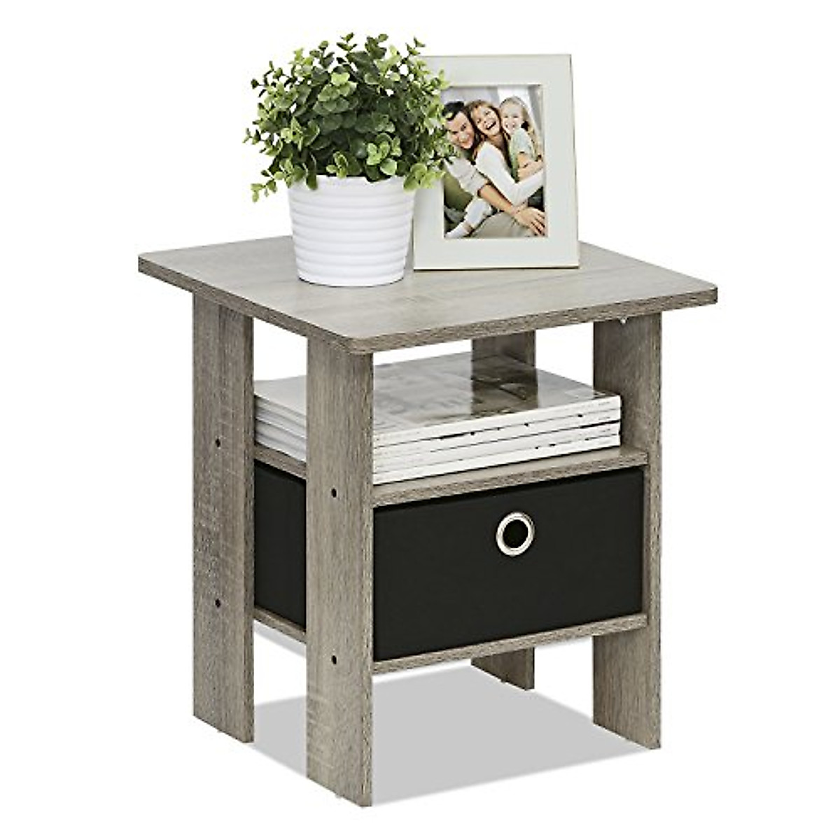 Furinno Andrey End Table / Side Table / Night Stand / Bedside Table with Bin Drawer, French Oak Grey/Black