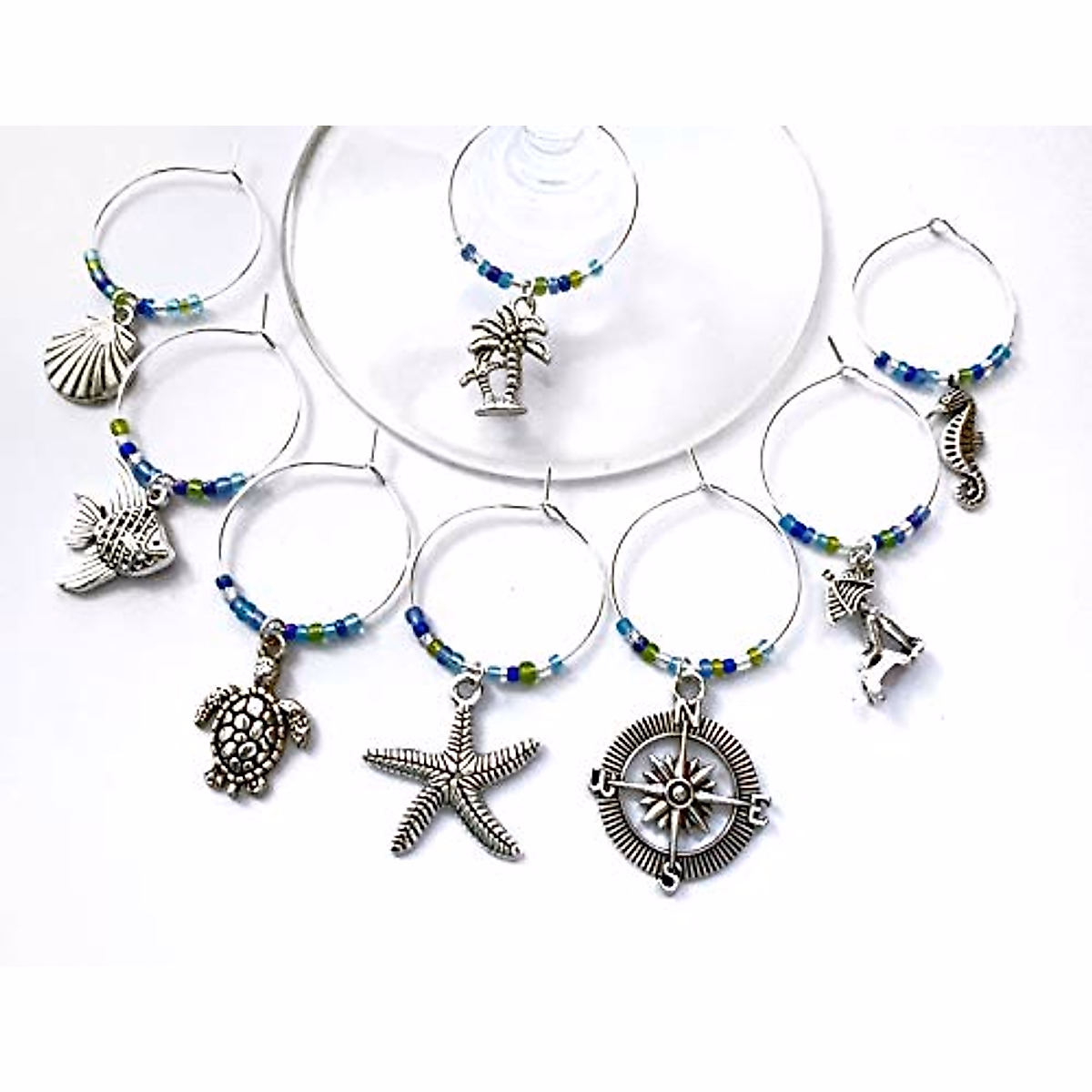 Caribbean Beach Themed Wine Charms, Gift for Island Beach Getaway, beach themed, Tropical Vacation, Summer by the Sea, Set of 8. SEA GLASS BEADS.