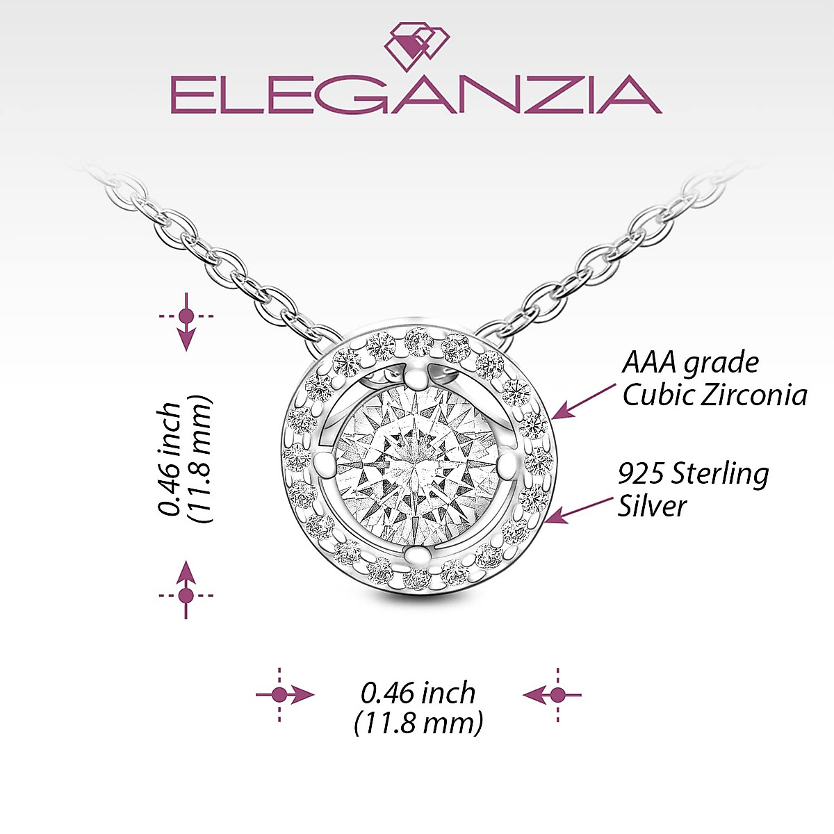 ELEGANZIA Cubic Zirconia Necklace for Women Silver, Round Cut Solitaire Necklace Adjustable 18" - 20" Polo Chain, Halo CZ Necklace Wedding Necklaces for Brides