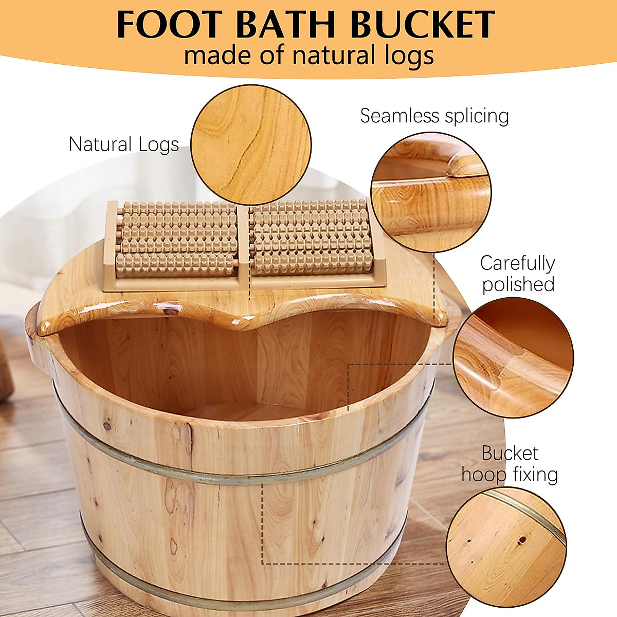 Kaichenyt Wooden Foot Basin, Solid Cedar Wood Foot Tub with Cover Plate, Wooden Bucket Foot Bath with Massage, Pedicure Barrel for Foot Bath, Soak, Massage, Spa, Sauna