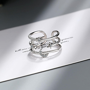 Sterling Silver Moon Star Ring, Double Layer Women'S Ring, Wedding Band, Open Ring Silver