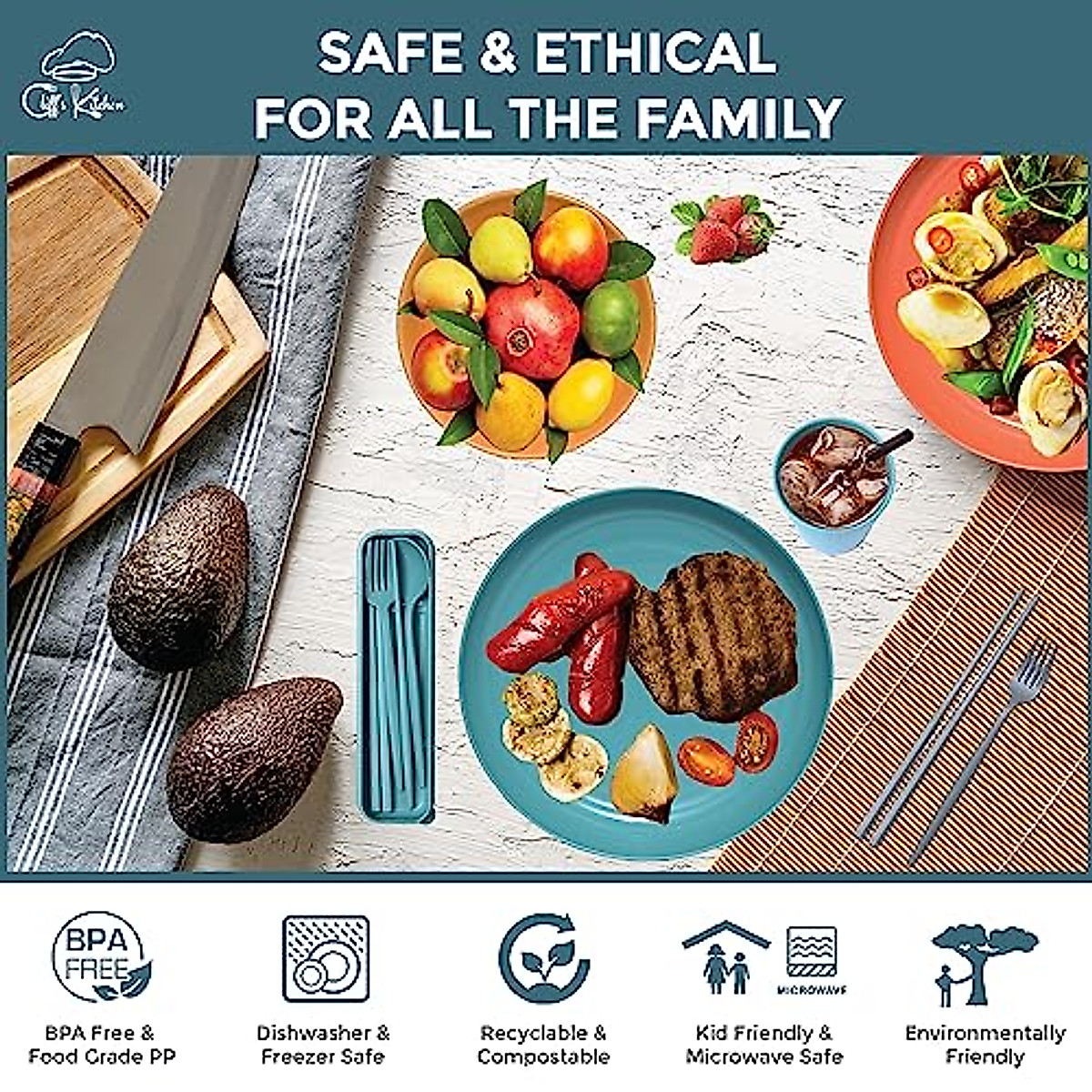 48 Pcs Wheat Straw Dinnerware Sets for 6- Unbreakable Dinnerware Set with Large Plates, Bowl and Cup Set -BPA Free, Lightweight, Microwave Safe Wheat Straw Plates and Bowls Sets, RV Camping Dishes Set