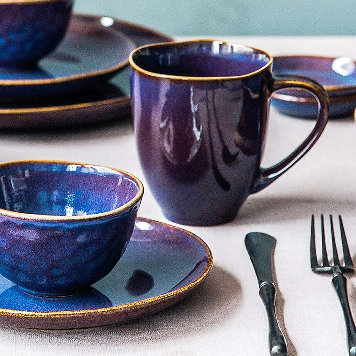 Stylish Dinner Plates,Ceramics Dinner Sets, Plate/Bowl/Mug | 36 Pieces Kiln Glaze Dinnerware - Blue Purple Porcelain Combination Set for Restaurant Family Party Halloween