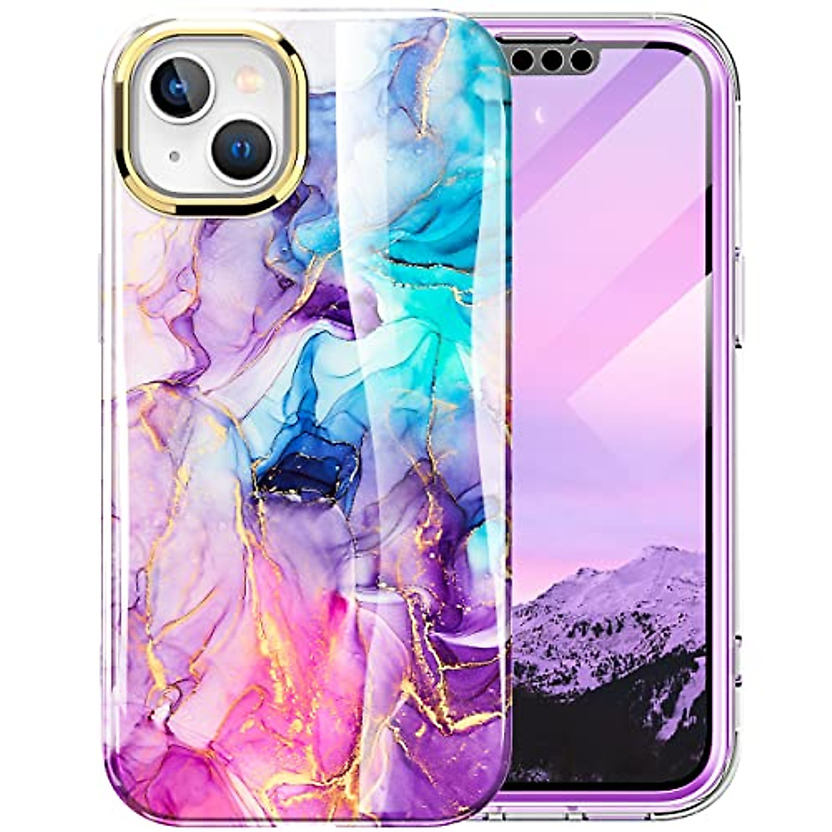 Hocase for iPhone 14 Plus Case, (with Built-in Screen Protector) Shockproof Slim Soft TPU+Hard Plastic Full Body Protective Case for iPhone 14 Plus (6.7" Display) 2022 - Watercolor Marble