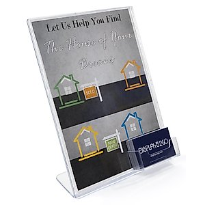 Displays2go Set of 6, Slanted Plastic Sign Frame with Attached Business Card Holder For Desktop Use, Clear Injection Molded Tabletop Sign Holder, Top Loading