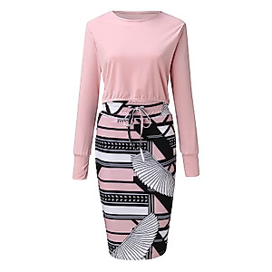 Aniywn Women's Casual 2 Pieces Outfits Solid Long Sleeve Crop Top Printing Bodycon Midi Skirt Dress Tracksuits Set