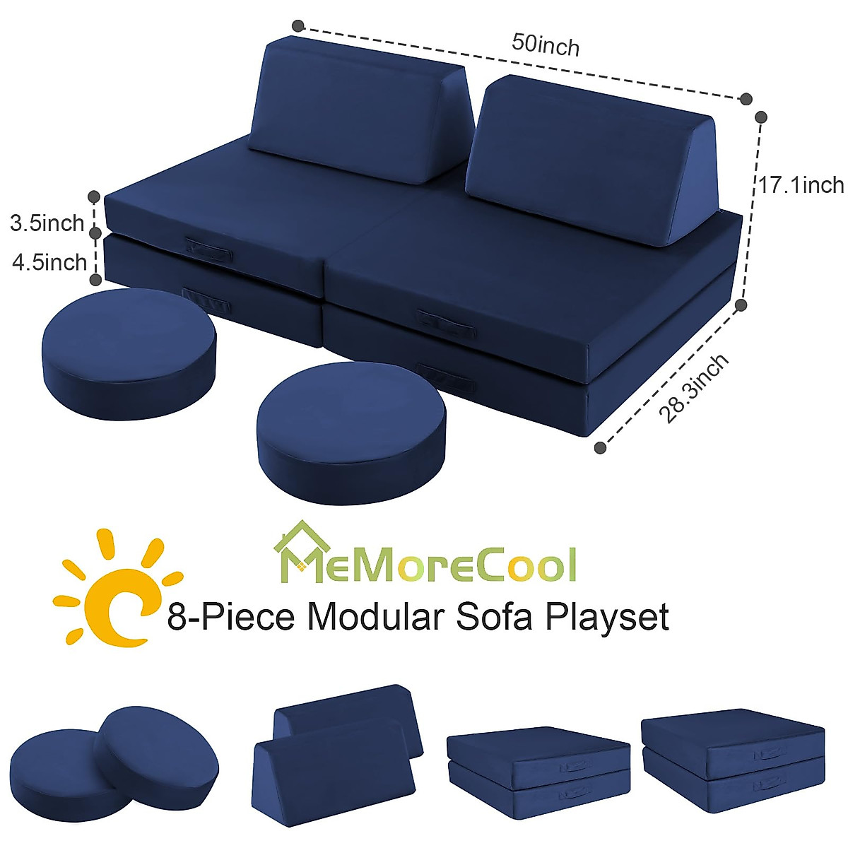 MeMoreCool Modular Kids Couch for Playroom, Navy Foam Play Couch for Toddlers, Building Fort Explorer Sofa