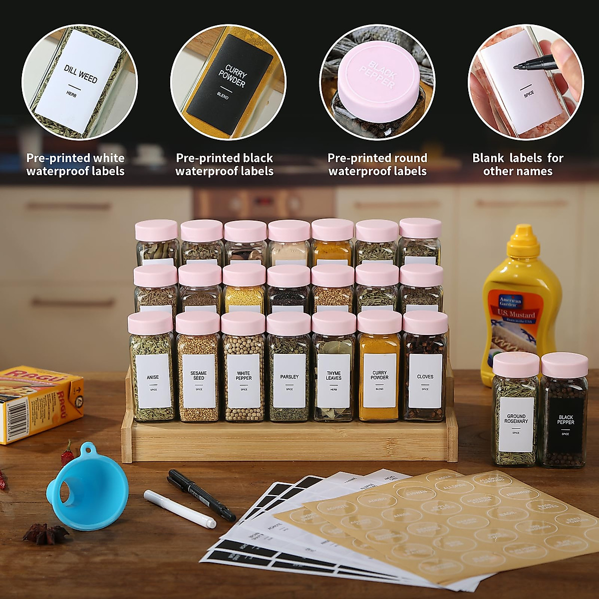 GMAMXD 24 Glass Spice Jars with Labels,Spice Jar Set,4oz Seasoning Containers,Spice Containers with Pink Airtight Lids and Shaker Lids,Square Empty Spice Bottles, 492 Labels,2 Marker Pens,1 Funnel