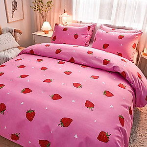 Lightweight Hotel Luxury Duvet Cover 3 Piece Set-Kids Kawaii Cute Fruit Strawberry Ultra Soft Premium Microfiber Breathable Comforter Cover with Zipper Closure, Corner Ties Full/Queen (90x90 inches) …