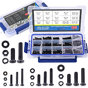 Glarks 665Pcs Alloy Steel Flat Head Machine Screws Bolts Nuts and Flat Gasket Spring Washers Assortment Set, Fully Threaded, Black Oxide Finish