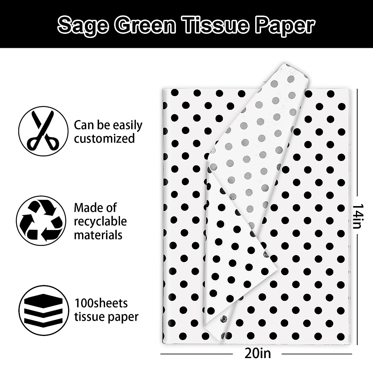 Whaline 100 Sheets Polka Dot Tissue Paper Gift Wrapping Paper White Black Art Paper for Birthday Baby Shower Party DIY Crafts Supplies, 14 x 20 Inch