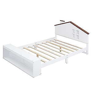 LCH Full Size House Platform Bed with LED Lights and Storage, Wood Kids Bed Frame with Headboard and Slats Support, No Box Spring Needed, Suitable for Bedroom and Apartment,White