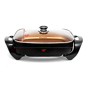 Caynel Professional Non-stick Copper Electric Skillet Jumbo, Deep Dish with Tempered Glass Vented Lid, Upgrade Thermostat, 16”x 12”x 3.15”- 8 quart (Black-1)
