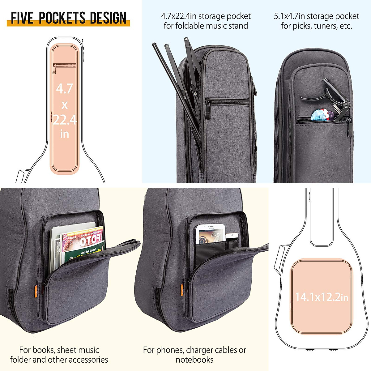 CAHAYA Guitar Bag Acoustic Reinforced 0.7 In Thick Sponge Soft Padded Guitar Case with 5 Pockets,Neck Cradle,Back Hanger Loop for 39 40 41 In Acoustic Classical Guitars CY0176