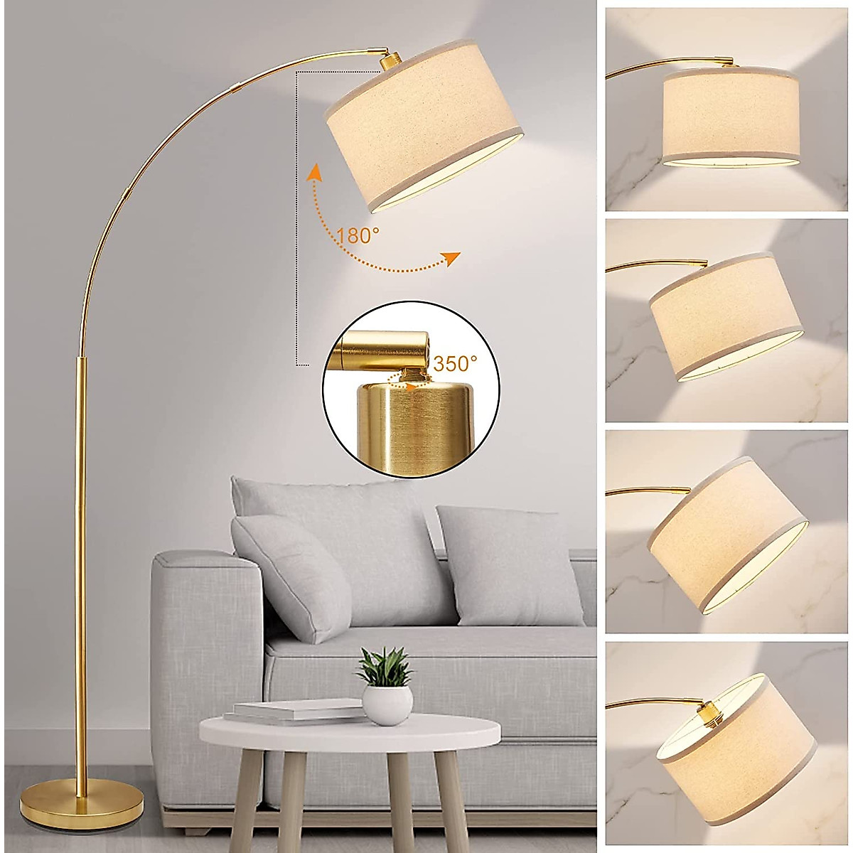 Arc Floor Lamps for Living Room, Gold Modern Floor Lamp, Tall Pole Lamp with Foot Switch, Adjustable Hanging Drum Shade, Over Couch Arched Reading Light for Bedroom, Office, LED Bulb Not Include