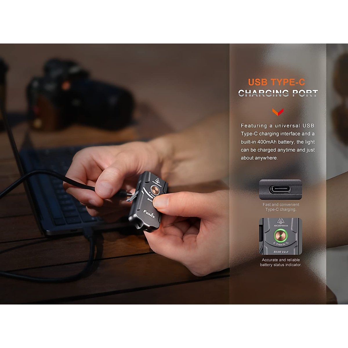 Fenix E03R v2.0 Keychain Flashlight, Grey, 500 Lumen Bright USB-C Rechargeable EDC with Red LED and Lumentac Organizer (Grey)