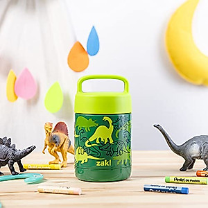 Zak Designs Kids' Vacuum Insulated Stainless Steel Food Jar with Carry Handle, Thermal Container for Travel Meals and Lunch On The Go, 12 oz, Dino Camo
