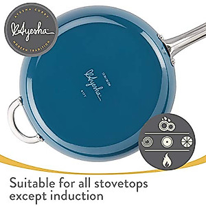 Ayesha Curry Home Collection Porcelain Enamel Nonstick Covered Deep Skillet With Helper Handle, 12 Inch Frying Pan with Glass Lid, Sienna Red