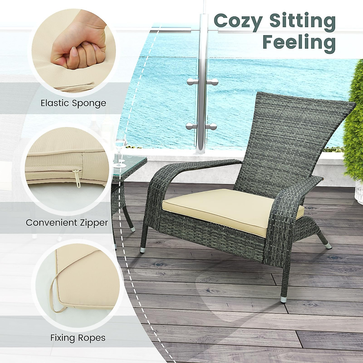 HAPPYGRILL Rattan Adirondack Chair Set, Patio Wicker Chair & Coffee Table, Extra-Wide Outdoor Chairs with Seat Cushions, 3 Piece Patio Rattan Chair Set for Backyard, Poolside