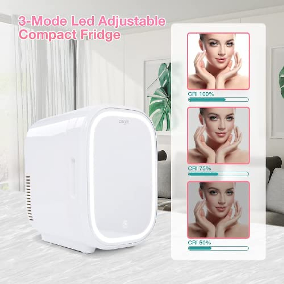 Cegsin Mini Fridge, 5 Liter/8 Cans Small Skincare Fridge with LED Mirror Door, AC/DC Portable Mini Refrigerator for Cosmetic & Makeup, Plug In Cooler and Warmer for Bedroom, Dorm, Office, Car(White)