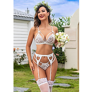 Aranmei Lingerie for Women 4 Piece Lingerie Set Lace Bow Front Garter Belt and Stockings Bra and Panty Sets Sexy Lace Bodydoll Lingerie (White XX-Large)