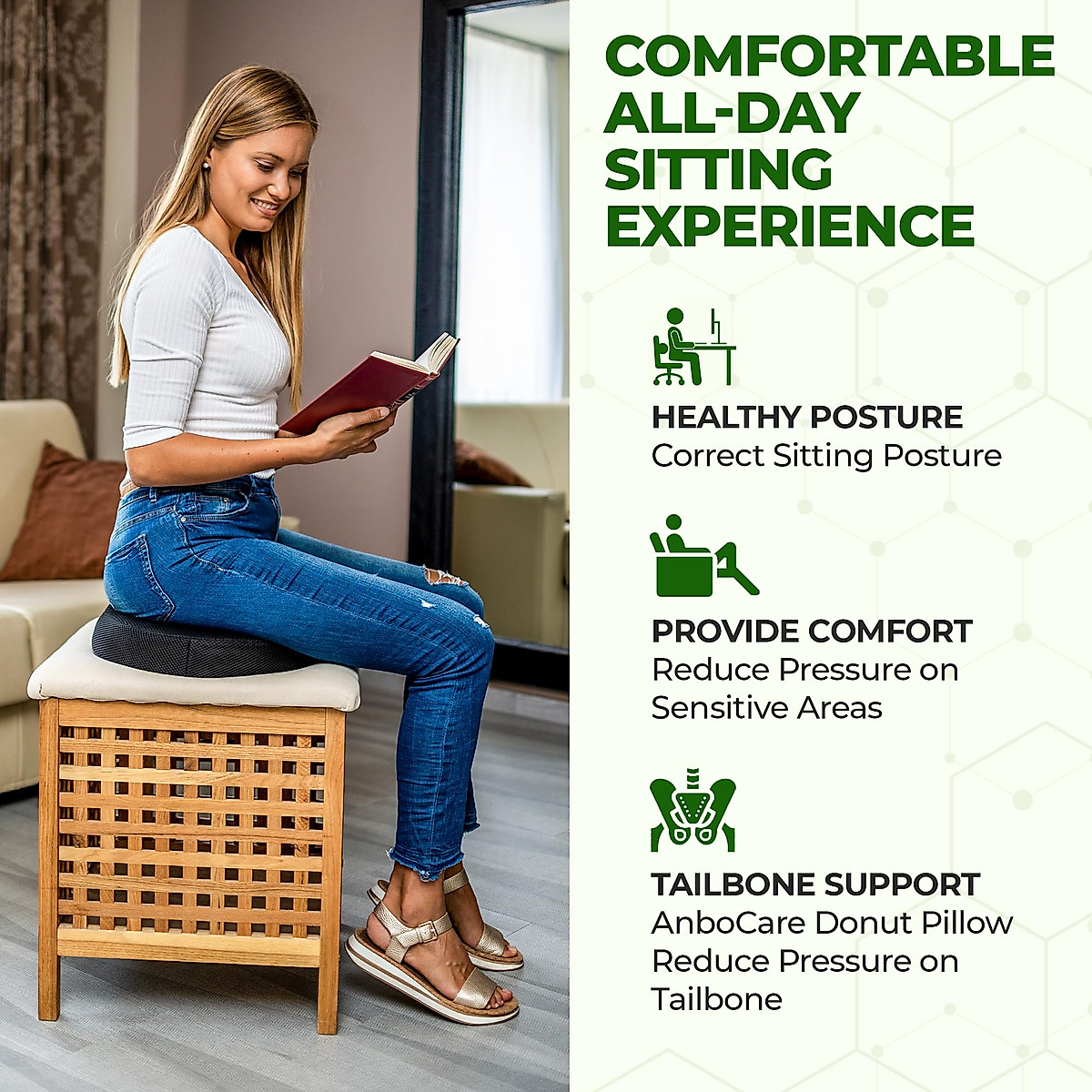 AnboCare Donut Gel Sitting Pillow - Orthopedic Memory Foam for Tailbone Pain, Hemorrhoid, Bed Sores, Postpartum, Prostate, Coccyx & Sciatica Pain