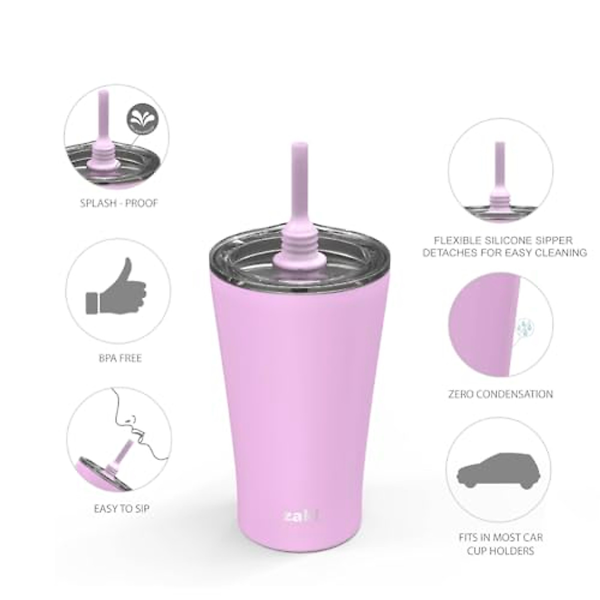Zak Designs Alfalfa Stainless Steel Vacuum Insulated Double Wall Tumbler with Flexible Silicone Straw, Travel Tumbler with Splash Proof Lid Keeps Drinks Cold (18/8 SS, 20oz, Lilac)