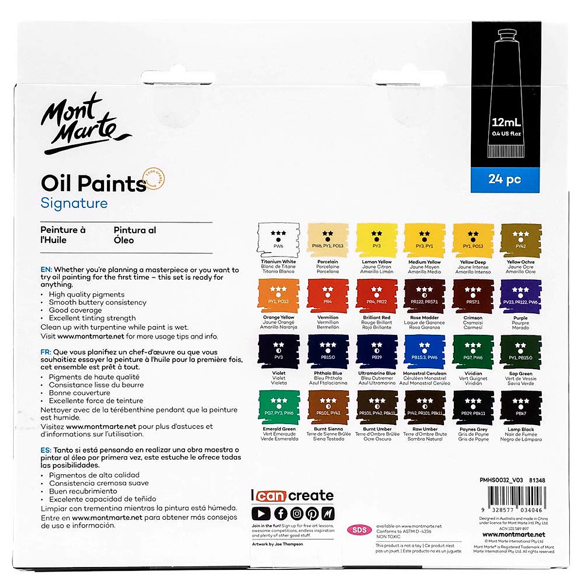 Mont Marte Oil Paint Set Signature 24pc x 0.4oz, Good Coverage, Good Tinting Strength, for Beginners, Students and Artists