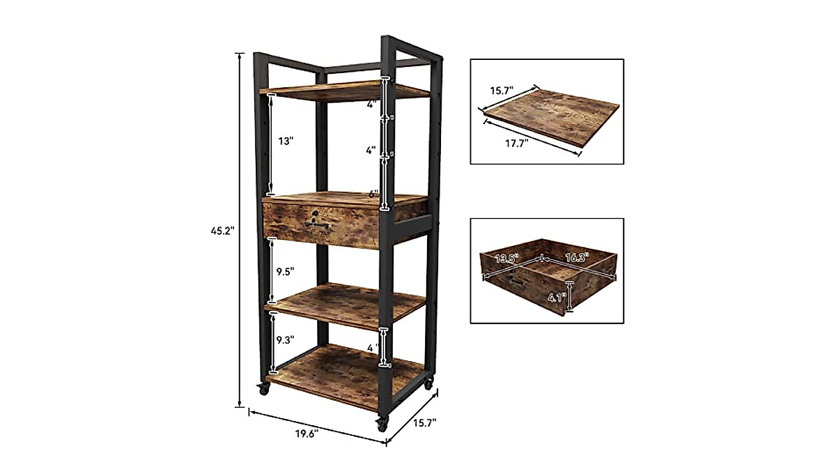 Natwind 4-Tier Mobile Printer Stand with Lockable Drawer | Retro Style