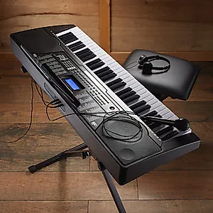 Ashthorpe 61-Key Digital Electronic Keyboard Piano with Full-Size Keys for Beginners, Includes Stand, Bench, Headphones, Mic and Keynote Stickers