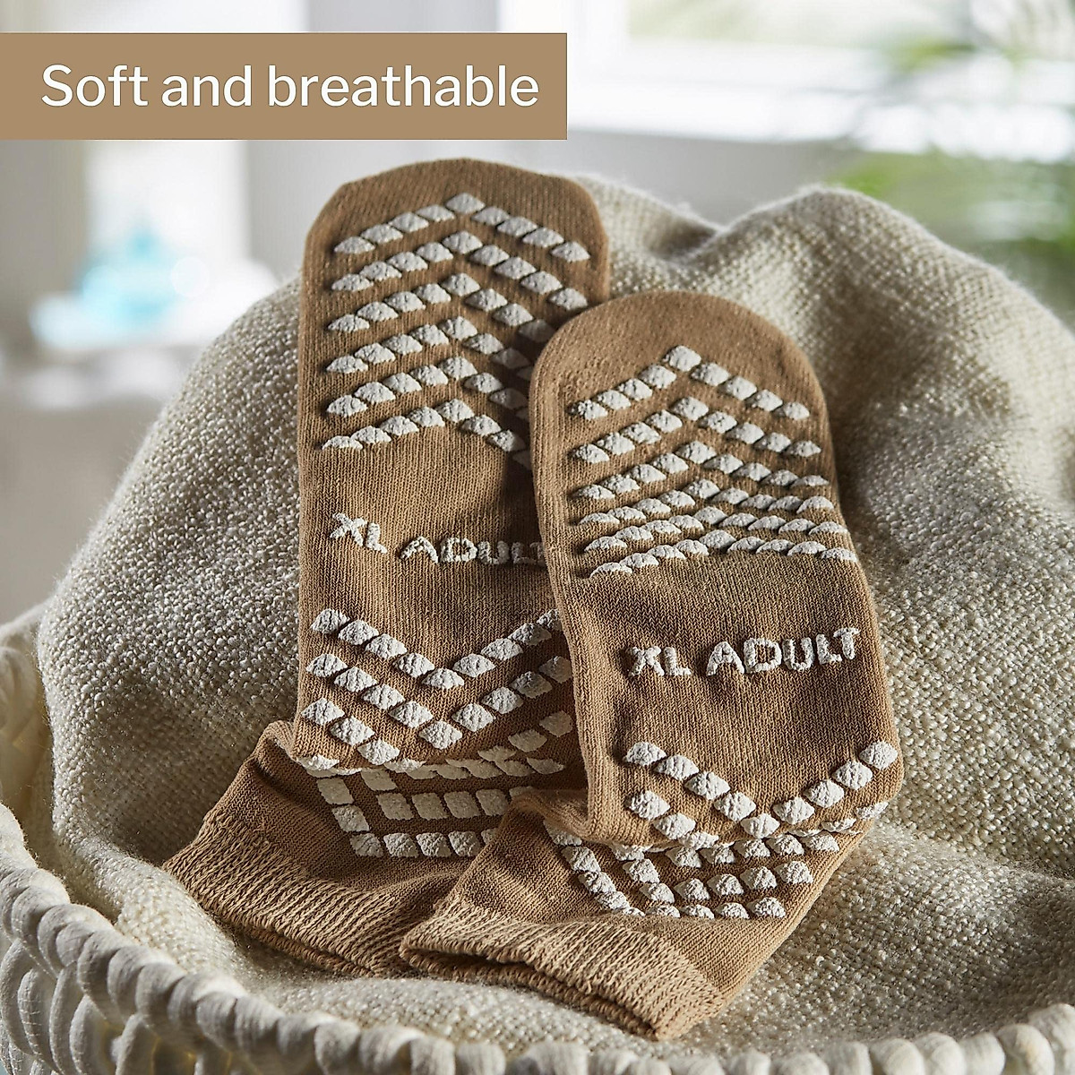 McKesson Slipper Socks, Non-Slip Grip Socks, Tan, Adult Shoe 7.5 to 10, XL, 48 Pairs