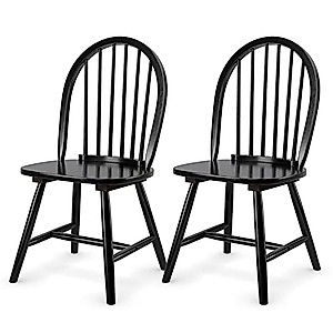 KOTEK Wood Dining Chairs Set of 2, Windsor Chairs with Spindle Back, Solid Wood Legs, Wide Seat, Farmhouse Armless Side Chairs for Living Room, Dining Room, Kitchen (Black)