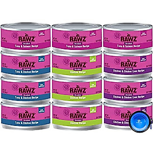 Rawz Natural Premium Canned Cat Wet Food Shredded -12 Pack Cans Variety Bundle Pack -4 Flavors - (Tuna & Salmon, Chicken & Liver, Tuna & Chicken, Chicken) with Hotspot Pets Food Bowl - (3oz Cans)