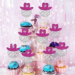 24 PCS Disco Ball Cowgirl Hat Cupcake Toppers Glitter Star Western Cowboy Hat Disco Balls Cupcake Picks for 1970s Disco Music Theme Wedding Bridal Shower Birthday Party Cake Decorations Supplies