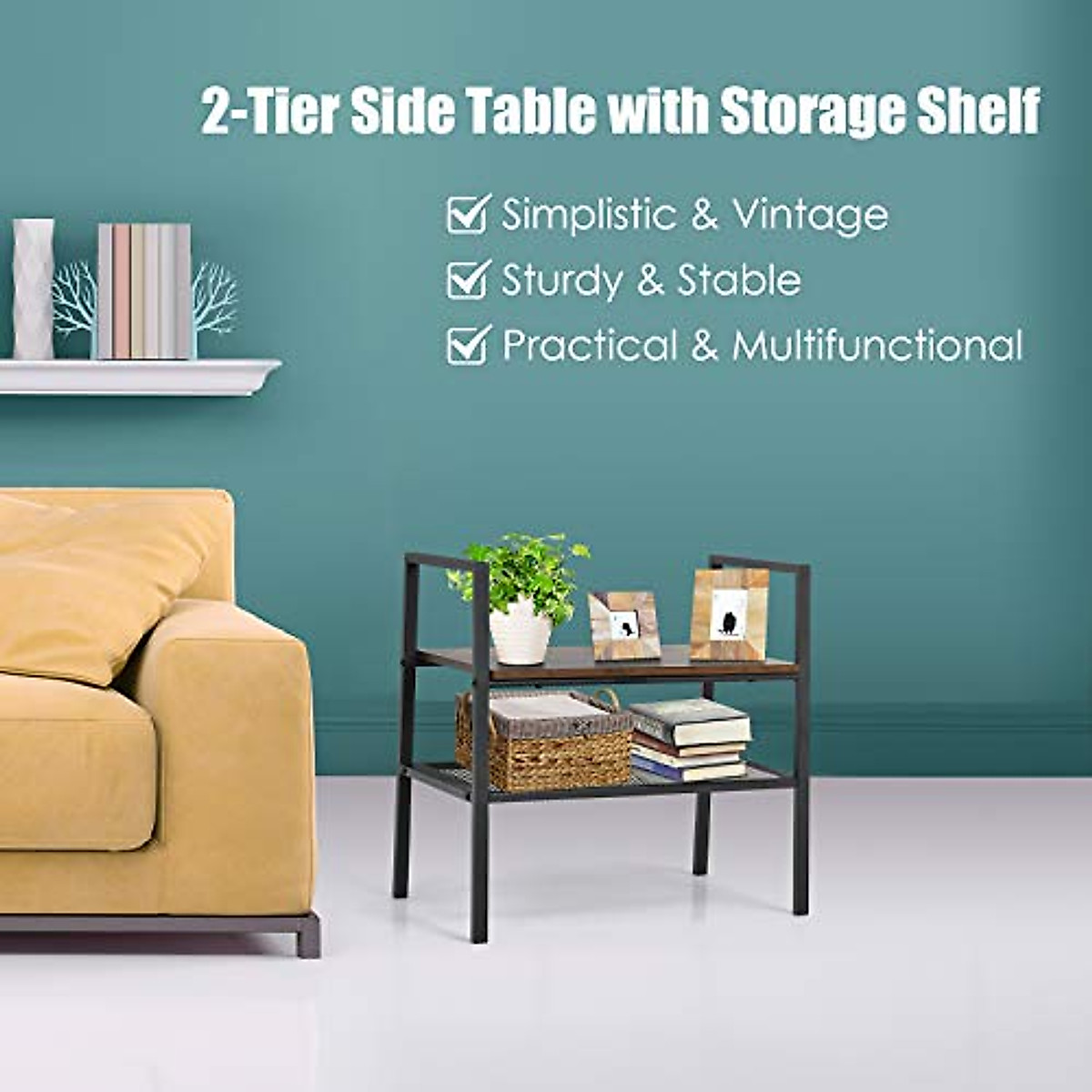 Giantex 2-Tier Storage Shelf Bookcase Stackable Ladder Rack W/ Metal Frame and Mesh Shelf Compact Kitchen Shelf for Living Room, Bedroom, Entryway Kitchen Industrial Style Shoe Rack(1)