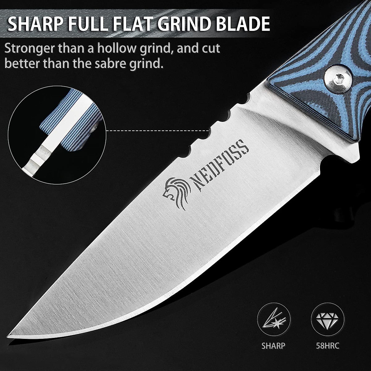 NedFoss Hyenas Bushcraft Knife with Fire Starter, 3.5" 440C Steel Camping Knife with Kydex Sheath, Blue G10 Handle for Outdoor, TAC, Gift