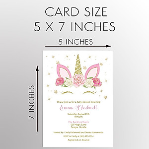 Unicorn Baby Shower Invitations Magical Birthday Party Pink Gold Mystical Glitter Sparkle Custom Printed Cards (12 count)