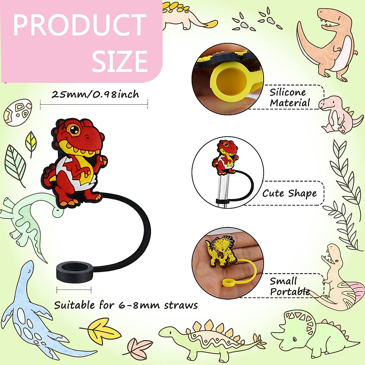 Ulbemoll Straw Cover Cap, 8PCS Dinosaur Straw Tips Cover Stanley Cup Straw Cover for 6 to 8 mm Reusable Straws Lovely Cartoon Straw Protector Straw Tip Cap for Girls Boys Kids Party Gift
