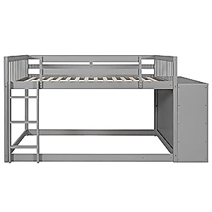 Harper & Bright Designs Bunk Bed Full Over Full with Storage, Wood Ful lSize Floor Bunk Beds with 4 Drawers and 3 Shelves for Kids, Low Multi Storage Bunk Beds Frame for Kids, Teens, Adults (Grey)