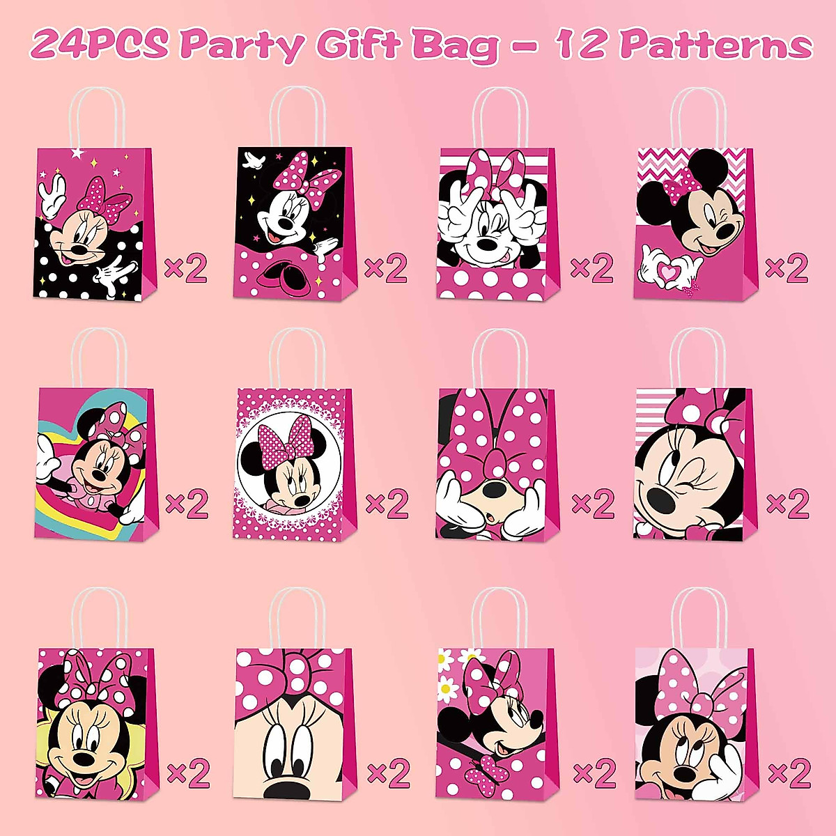 24Pcs Minnie Party Gift Tote Bag Party Favor for Kids Birthday - 12 Different Patterns Candy Bags Treat Bags For Birthday Party Supplies Favors Decoration