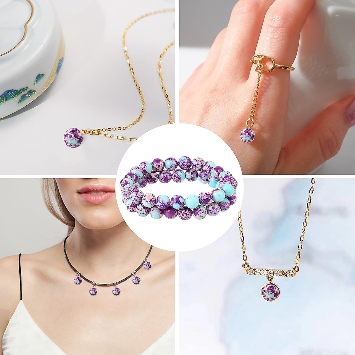 47 Pcs Sea Sediment Imperial Jasper Beads Purple-Blue Jasper Beads 8mm Galaxy Sea Imperial Jasper Gemstone Beads Colorful Round Stone Beads for Jewelry DIY Making