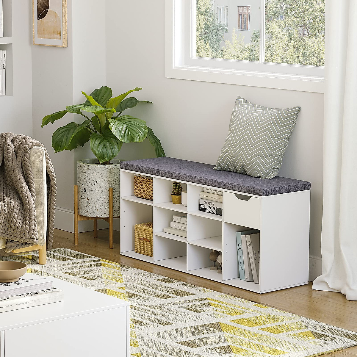 DINZI LVJ Shoe Bench, Entryway Storage Bench with Drawer and 11 Cubbies, Cubby Shoe Rack with Adjustable Shelves, Shoe Organizer Cabinet for Living Room, Bedroom, Mudroom, Closet and Garage, White