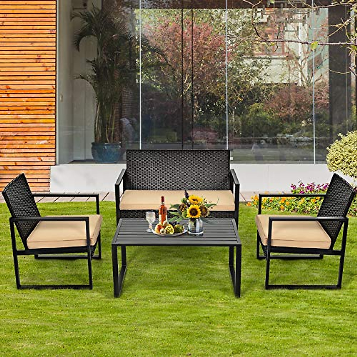 Tangkula 4-Piece Patio Rattan Furniture Set, Outdoor Conversation Set w/Seat Cushions & Coffee Table, Sturdy Metal Frame, Sectional Wicker Sofa Set for Garden, Backyard, Poolside (1, Light Brown)