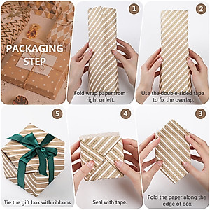 Hianjoo 6 Sheets Gift Wrapping Paper, 20x28 inch Recyclable Kraft Gift Wrapping Paper and 1 Sticker and 4 Ribbon for Birthday, Valentines, Christmas, Graduation, Baby Shower, Easter, DIY Craft
