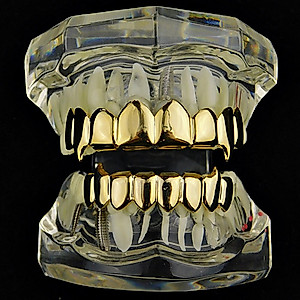 Fang Grillz Set 14k Gold Plated 8 Top Teeth Fangs Eight Bottom Hip Hop Vampire Mouth Grills