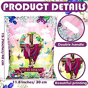 50 Pcs Happy Easter Gift Bags with Handles Easter Bunny Plastic Tote Bags He is Risen Easter Goody Bags Reusable Plastic Easter Treat Bag for Kids Eggs Hunt, Easter Party Supplies